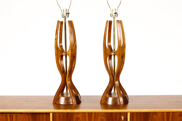 #1934 — Mid Century Vintage Modeline Table Lamps — Walnut + Brass — Sc ...